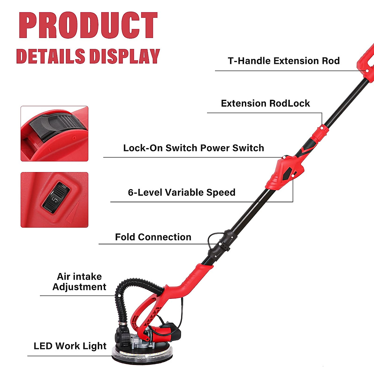 Vistreck Drywall Sander, 750W Electric Drywall Sander With Vacuum & 14Pcs Sanding Discs, 6 Variable Speeds 1000-1850RPM, Foldable has Dust Bag, LED Light, Power Disc Sanders With Carrying Bag