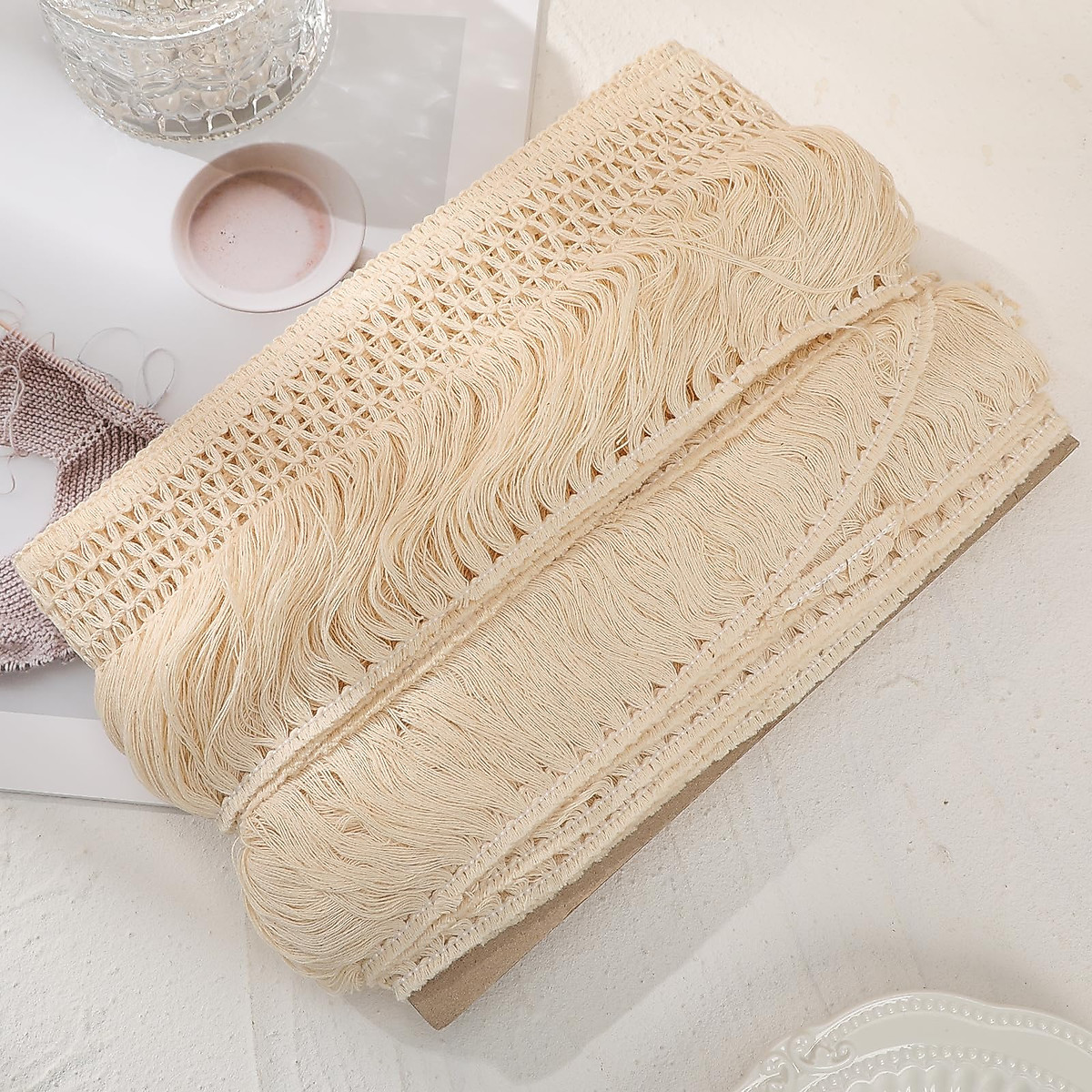 10 Yards Cotton Tassel Fringe Trim - AWAYTR 5 Inches Wide Sewing Fringe Trim for DIY Curtain Clothing Dress Pillow Craft Ribbon (Beige,12cm)