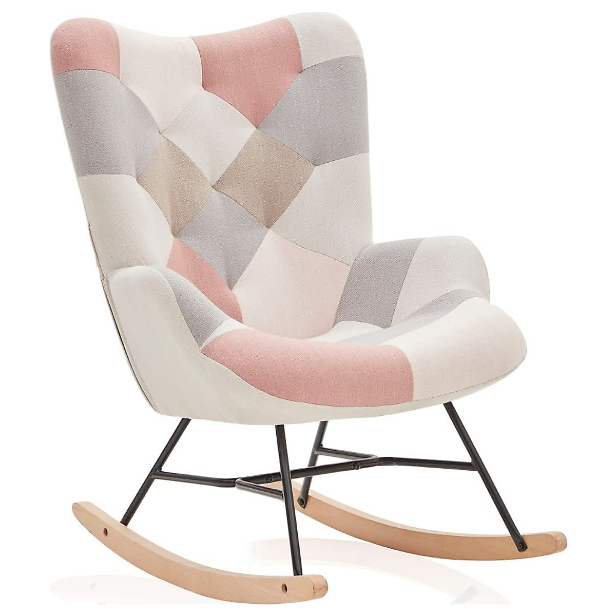 BELLEZE Colorful Patchwork Rocking Chair, Widen Nursery Rocking Chairs Comfy Linen Upholstered Glider Rocker with Solid Wood Legs for Living Room Bedroom Nursery - Paramount (Patchwork B)