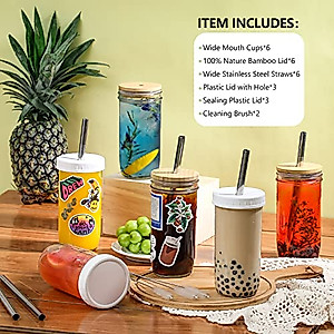 [ 6 Pack ] Glass Cups Set - 24oz Wide Mouth Mason Jar Drinking Glasses w Bamboo Lids & Straws & Airtight Lids - Cute Reusable Boba Bottle, Iced Coffee Glasses, Travel Tumbler for Bubble Tea, Juice