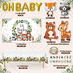 Woodland Baby Shower Decorations Woodland Animals Decoration Forest Animal Neutral Gender Reveal Party Supplies Balloons Backdrop Cake Topper Tablecloth, 84 Pcs Woodland Themed Birthday Party Decor