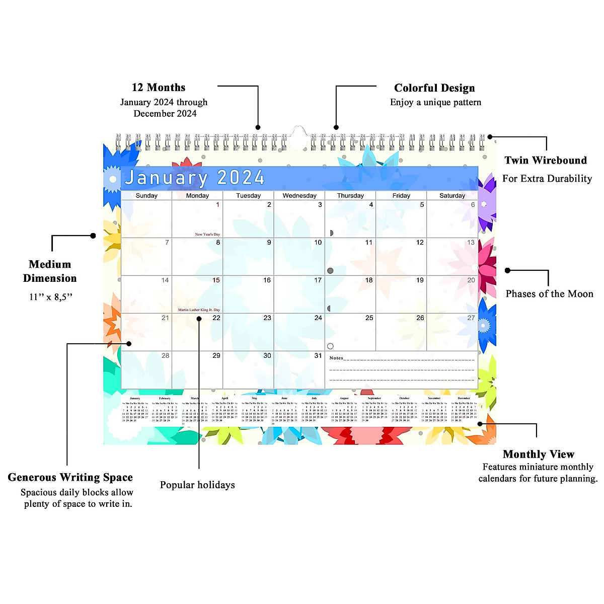 2024 Monthly Spiral-Bound Wall/Desk Calendar - 12 Months Desktop/Wall Blotter Calendar/Planner - (Edition #01)