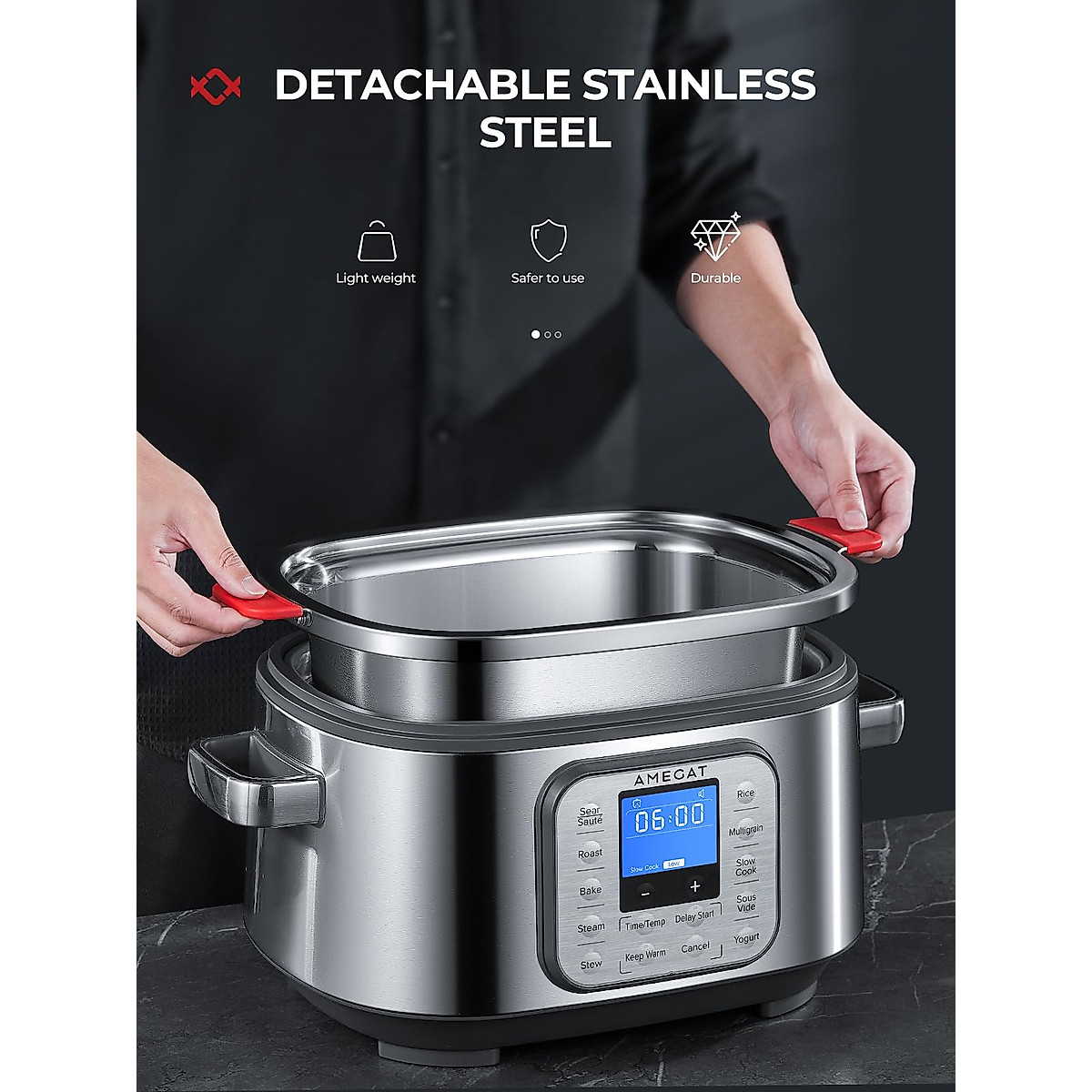 AMEGAT Slow Cooker 6 Quart, 10 in 1 Programmable Cooker, Rice Cooker, Sauté, Steamer & More, Stainless Steel Inner Pot, Steaming Rack & Glass Lid, Delay Start, Adjustable Temp & Time with LED Display