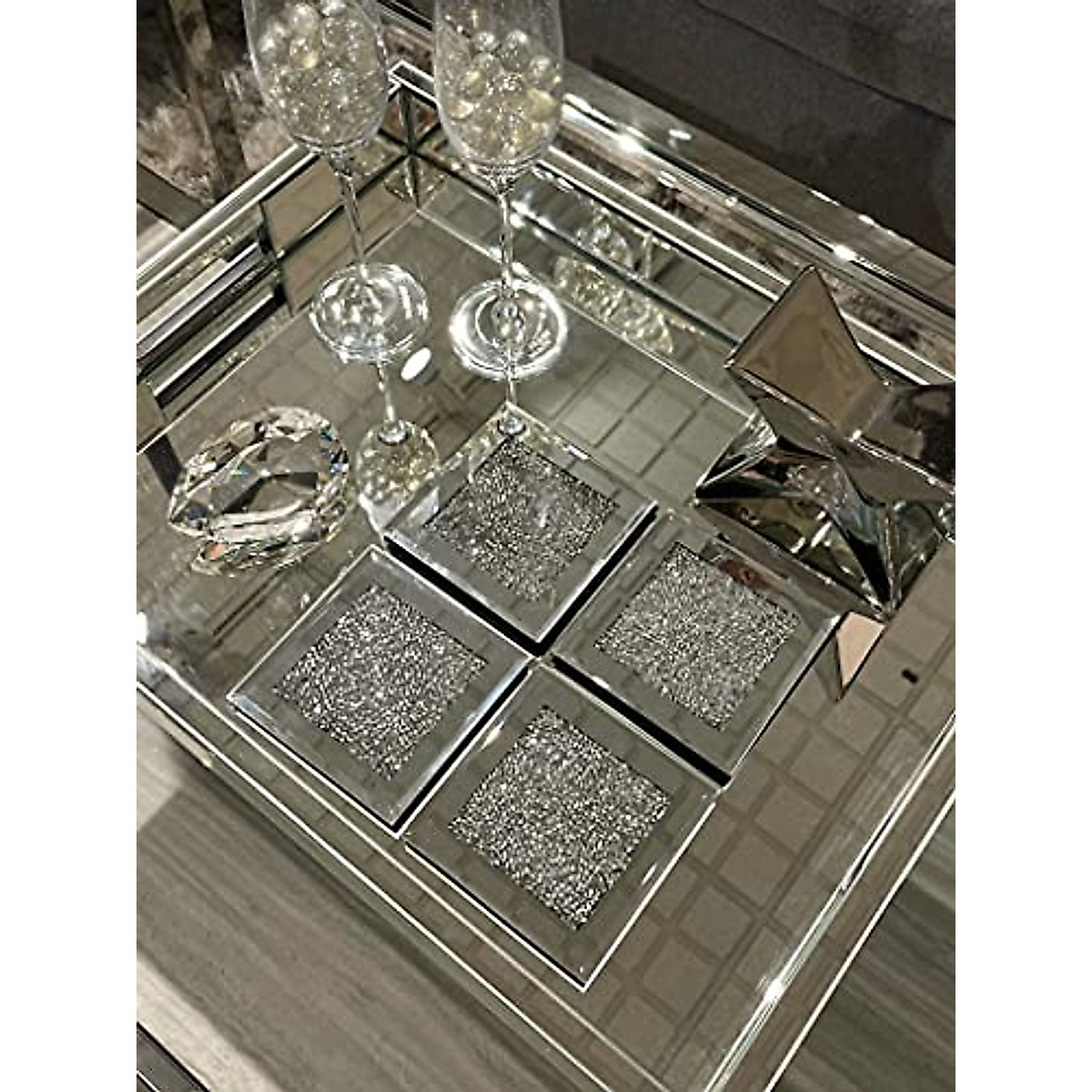 Glass Coasters for Drinks, Set of 4, Diamond Decor, Silver Crystal Coaster, Mirrored Elegant, Fancy, Glam, for Home Kitchen Table Bar Accessories, Square (4" x 4")