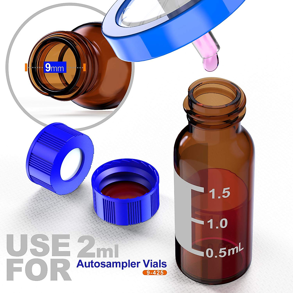 Autosampler Vials Cap,9mm Blue Polypropylene Screw-Thread Caps with PTFE Red/Silicone White Septa by Biomed Scientific