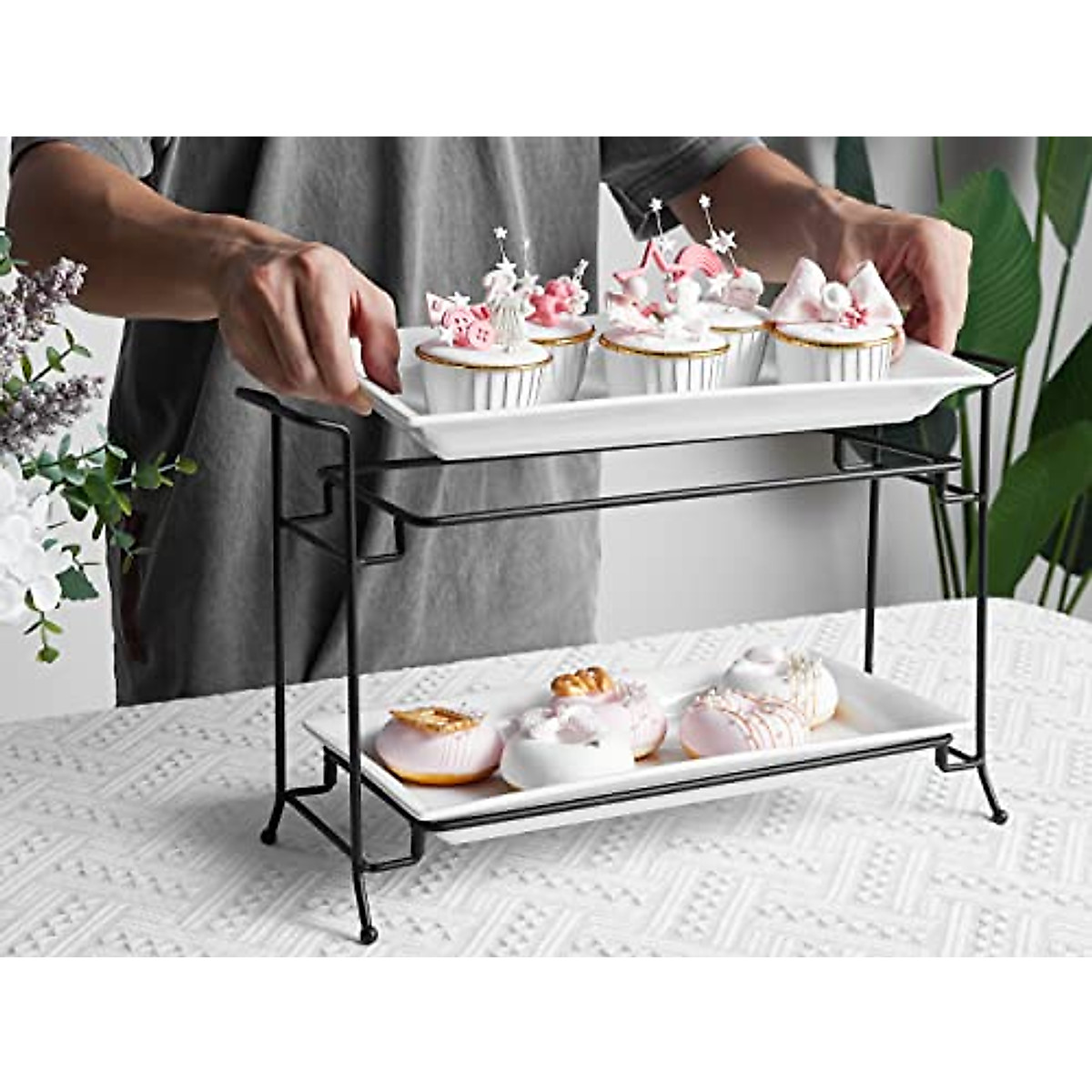 ONEMORE 2-Tier Serving Tray, Collapsible Food Display Stand with Microwave Freezer and Oven Safe Rectangular Ceramic Platters Perfect for Indoor/Outdoor Celebrations and Parties - Bright White