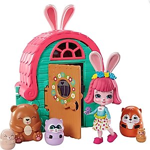 Mattel Enchantimals Secret Besties Cabin Playset with Small Doll House, Bree Bunny Doll (3.5-inch), 5 Nesting Animal Figures & Accessory, Harvest Hills Toy Collection