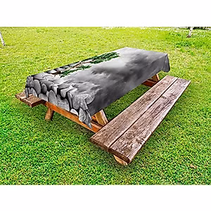 Lunarable Peace Outdoor Tablecloth, Basalt Stones Pile and Green Tree Moody Stormy Dramatic Sky Asia Balance Therapy Theme, Decorative Washable Picnic Table Cloth, 58" X 104", Grey Green