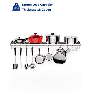 Stainless Steel Wall Mount Shelf 12 x 48 Inch, NSF Certified Shelf with Hooks, 185 lb Load Capacity Commercial Kitchen Rack Storage Shelves for Restaurant, Kitchen, Home & Hotel