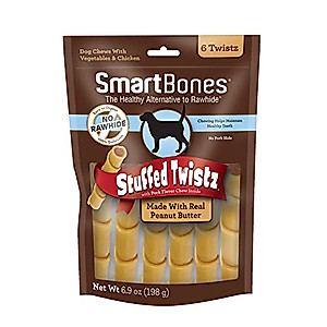 SmartBones Stuffed Twistz with Peanut Butter, Rawhide-Free Chews for Dogs Stuffed with Pork Flavor, 6 Twistz