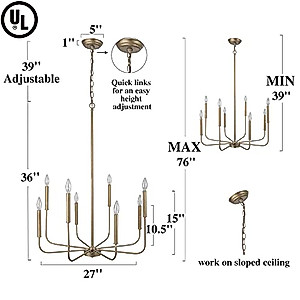GEPOW Antique Gold Chandelier, Modern Dining Room Lighting Fixture, 8-Light Candle Style Hanging Chandelier for Living Room, Bedroom, Kitchen Island, Foyer, Dia 27”