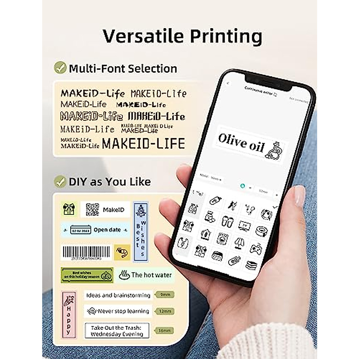 Makeid Label Maker Machine with Tape - Compatible with 9/12/16mm Waterproof Tape, Portable & Rechargeable Label Makers with Built-in Cutter Wireless Label Printer Compatible with Android & iOS Devices