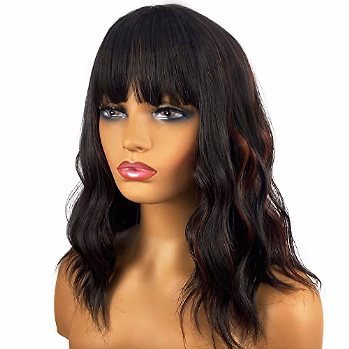 MIMISERVICE Black Short Wavy Wig with Bangs for Women Shoulder Length Black with Brown Bob Curly Women's Charming Synthetic Wigs with Natural Wavy Heat Resistant Hair for Daily Party Use