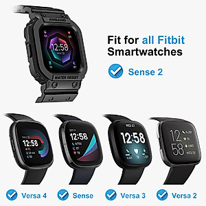 amBand Compatible for Fitbit Versa 4/3/2/ Fitbit Versa Lite/Fitbit Sense 2/ Fitbit Sense Bands with Case, Protective Smartwatch Case Strap Rugged Sport Protector Wristbands Men Black