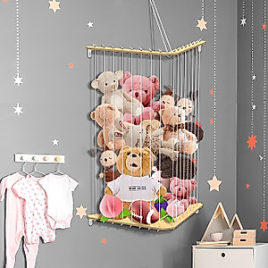 KSXLIUC Stuffed Animal Storage Wood Corner Plush Toys Holder, 2-in-1 Splice and Length Adjustable Hanging Stuffed Animal Toy Organizer Shelf for Nursery Kid Room Play Room Bedroom (2PCS)