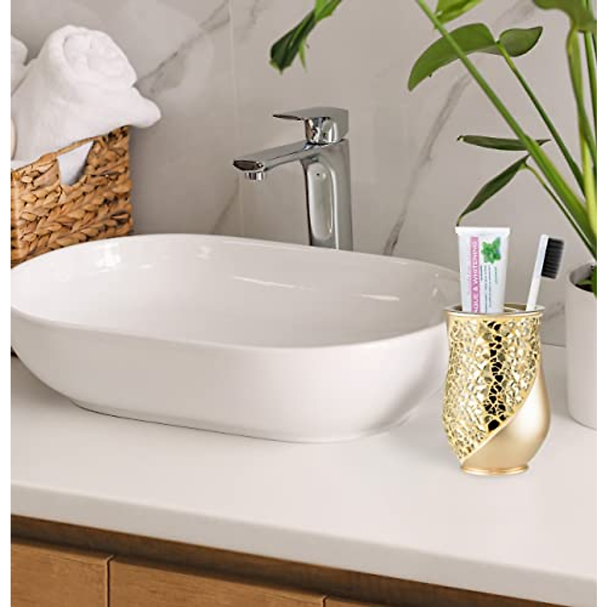 Zahari Home 4pc Sinatra Stylish Bathroom Accessories Set Champagne Gold Soap Dispenser Pump, Tumbler, Tooth Brush Holder and Soap Dish Modern Decor Bling Mosaic Glass Gold Bathroom Accessories