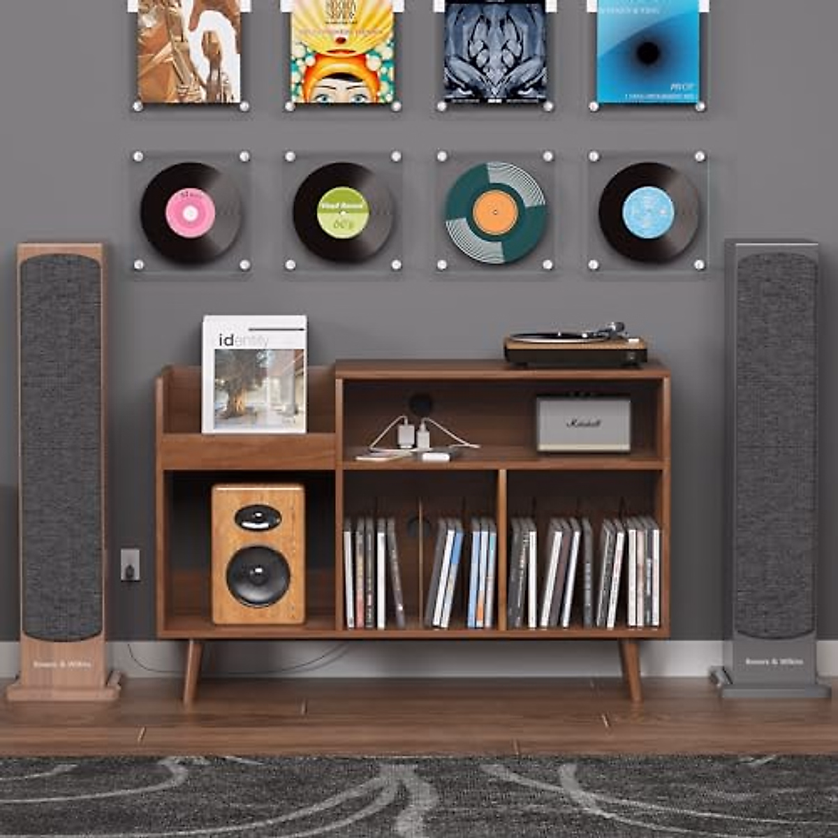 Furtivusia Mid Century Modern Record Player Stand with Power Outlet - Holds up to 350 Albums, Vinyl Record Storage Cabinet and Turntable Stand