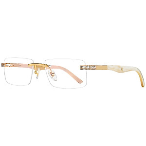 HEPIDEM 100% Really Buffalo Horn Glasses,Square Rimless Luxury Buffs Eyeglasses With Diamonds (White 0023)