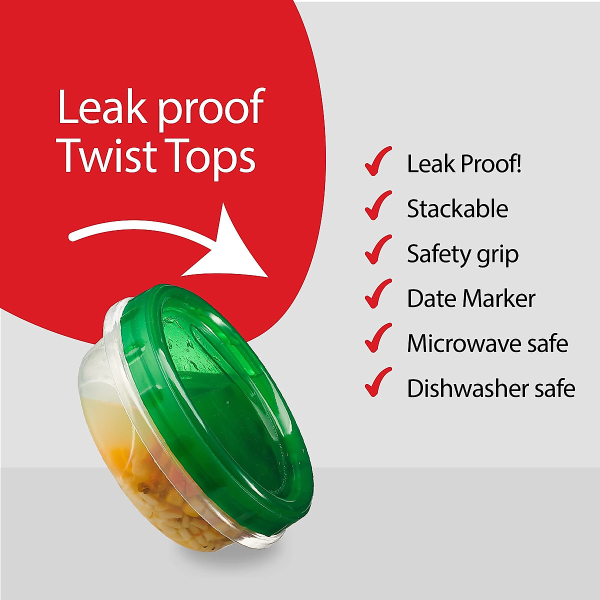 PLASTICPRO 6 Pack Twist Cap Food Storage Containers with Green Screw on Lid- 8 oz Reusable Meal Prep Containers - Freezer and Microwave Safe Green Plastic Food Storage