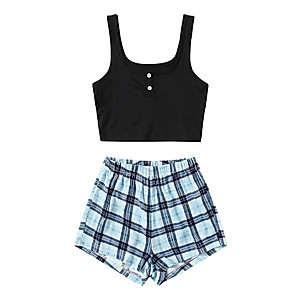 Verdusa Women's 2 Piece Outfits Crop Tank Top and Plaid Shorts Cute Loungewear Pajama Set Black Blue XL