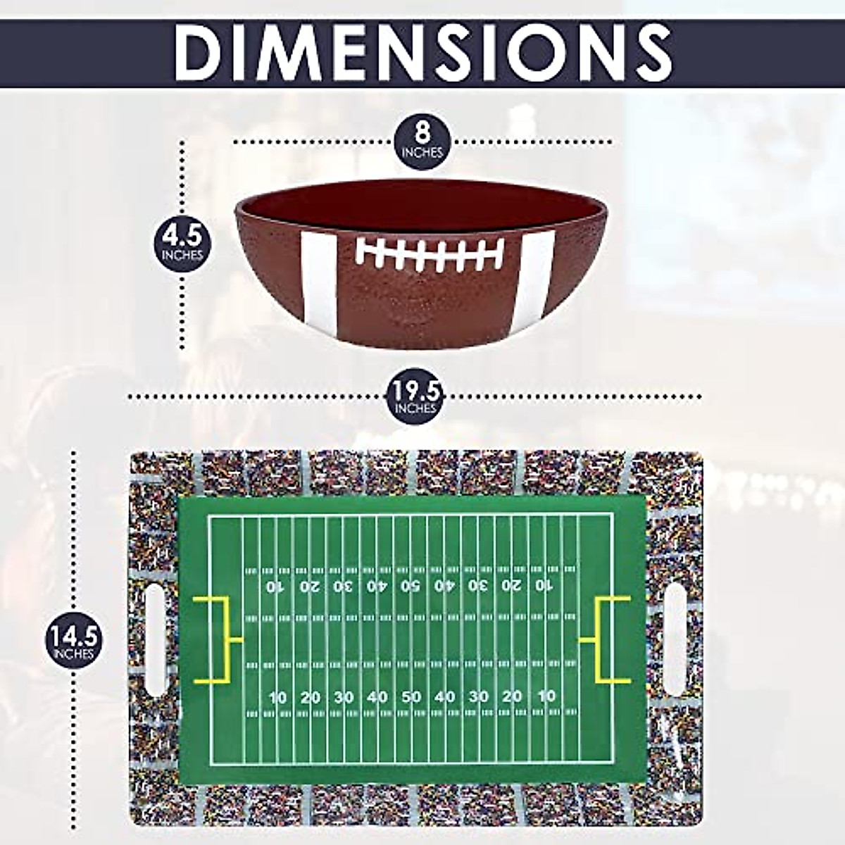 Football Stadium Serving Tray and Bowl, Reusable Game Trays for Football Gameday, Birthday Parties, Tailgate Party Decorations, Chip N Dip Hard Plastic Set