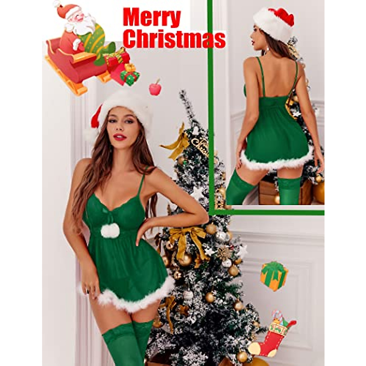 Avidlove Women Dress Christmas Green Babydoll Lace Sleepwear Nighties X-Large