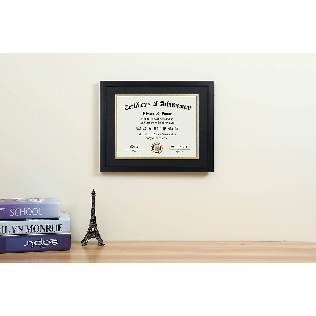 ELSKER&HOME 8.5×11 Certificate Frame - Classic Black Color Frame - Displays Diploma 8.5×11 Inch with Mat - 11×14 Inch Without Mat - For Document/Photo(Double Mat - Matte Black with Gold Rim)