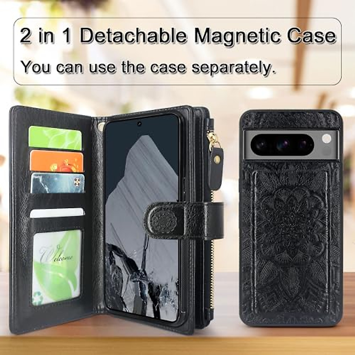 Harryshell Compatible with Google Pixel 8 Pro Case Wallet Detachable Magnetic Cover Leather Case Cover with Cash Coin Zipper Pocket 12 Card Slots Holder Wrist Strap Lanyard (Flower Black)