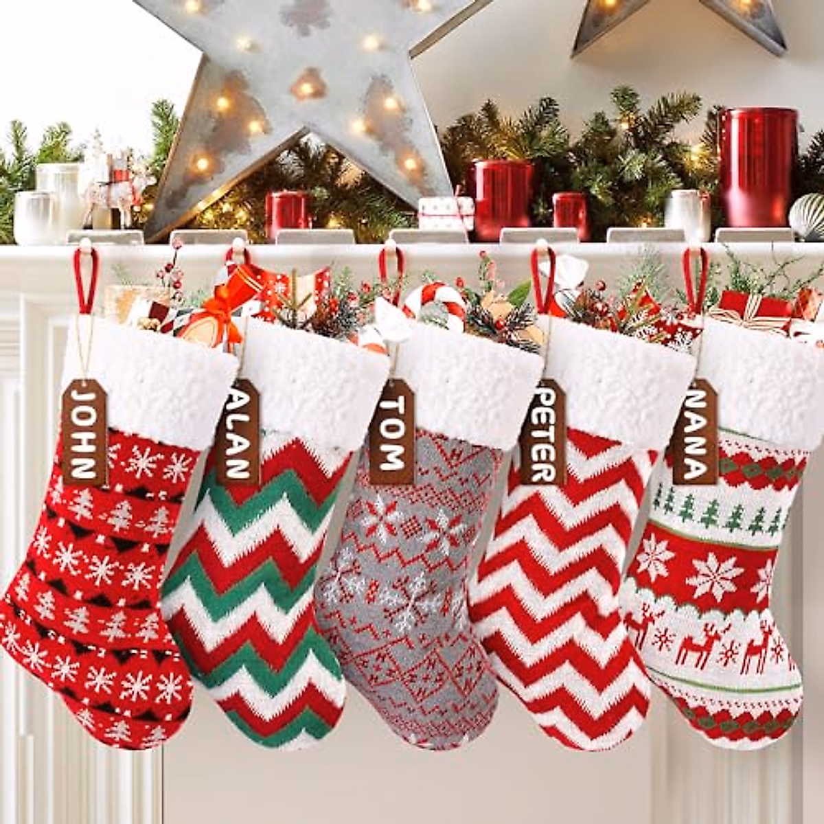 Ryoizen Christmas Stockings 5 Pack,16'' Xmas Stockings with Wool Knitted Stripe Plush Faux Fur Cuff Stockings for Stairs Fireplace Hanging Home Party Family Holiday Decor