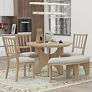Linique 5-Piece Dining Table Set, 44" Round Dining Table with Curved Bench & Side Chairs for 4-5 People for Dining Room and Kitchen (Natural Wood Wash)