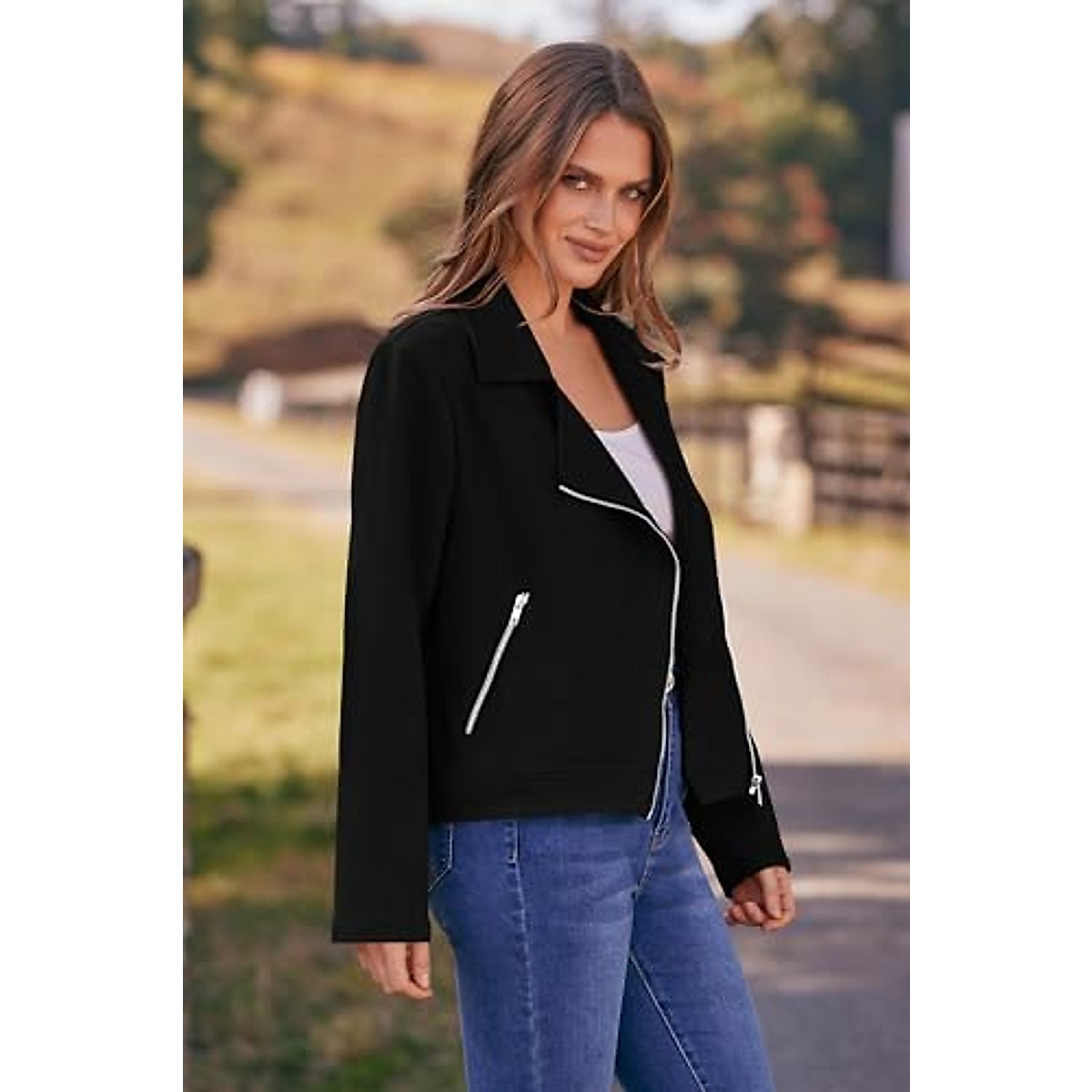 PRETTYGARDEN Women's Winter Faux Suede Moto Jacket Long Sleeve Zipper Pockets Short Coat Y2K Fashion Casual Outerwear (Black,Medium)