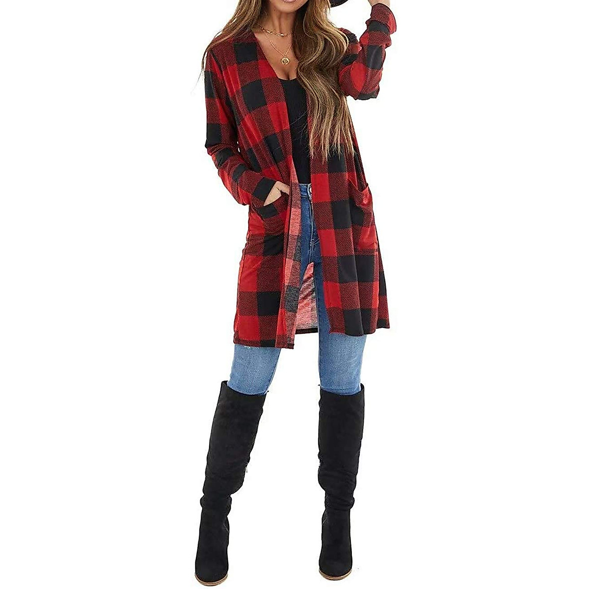 Dressmine Women's Long Sleeve Open Front Cardigan Buffalo Plaid Knitted Maxi Sweater Coat Outwear Red X_Large