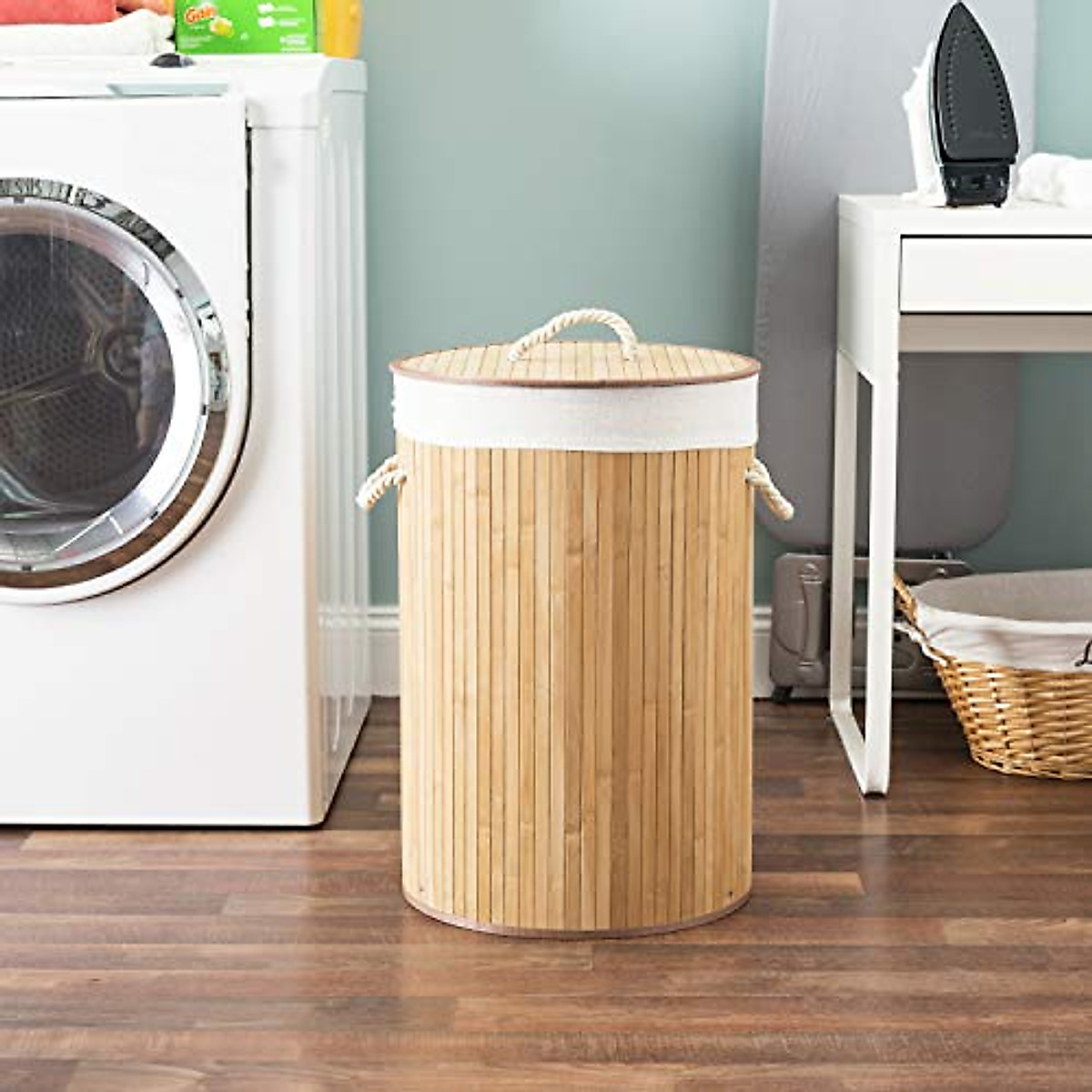Home Basics Foldable Bamboo Laundry Basket Hamper (Round, Natural)