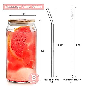HOMBERKING Glass Cups with Bamboo Lids and Straws 8pcs Set, 20oz Can Shaped Glass Cups, Beer Glasses, Iced Coffee Cups, Cute Tumbler Cup with 2 Cleaning Brushes, Ideal for Cocktail, Whiskey, Tea, Gift