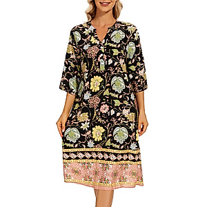 AVIIER House Dress Womens 3/4 Sleeve Floral Print Nightdress with Pockets (Black Flower, Large)