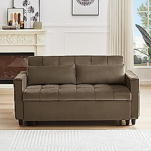 Convertible Sofa Bed Pull Out Couch Sleeper Modern Velvet Loveseat Couch Futon Sofá Bed w/Reclining Backrest,Side Coffee Table,2 Pillows,Lounge Sofa for Living Room Apartment Home Office,Light Brown