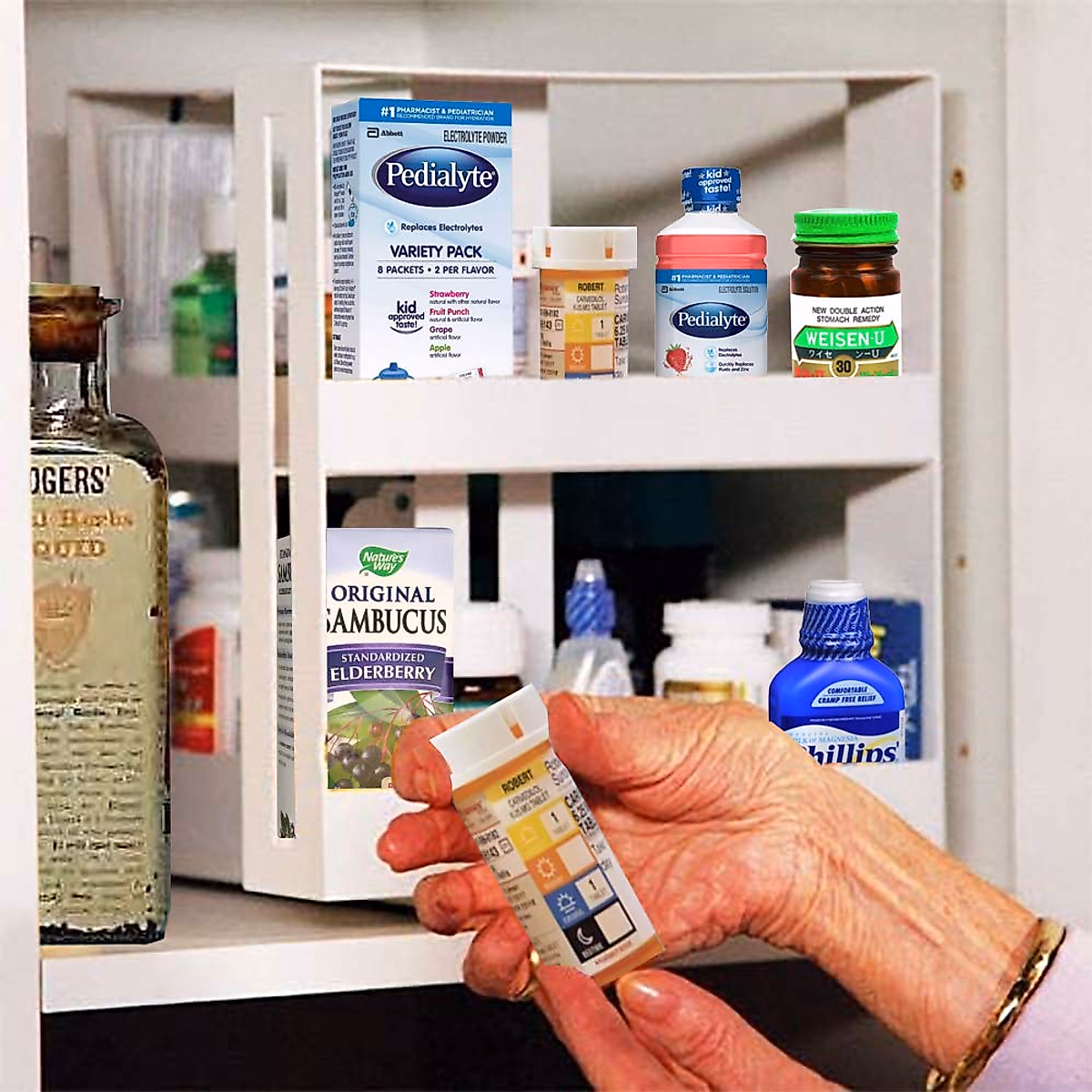 Rotating Spice Rack Plastic Seasoning Spice Jar Rack Storage 2 Tier Pull Out Kitchen Cabinet Organiser Slide Salt Bottle Box Holder Shelf Counter Spice Stand Multi-Function Pantry Door Storage - White