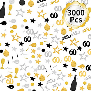 3000 Pieces Happy Birthday Confetti Number 60 Confetti Birthday Cake Confetti Table Scatter Confetti, Black Gold Silver Party Decorations Supplies for Birthday Anniversary (60th Style)