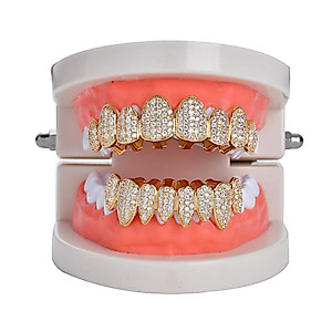 TSANLY Gold Grillz Iced Out CZ Diamond Top & Bottom Set Grill 24K Gold Plated Macro Pave Teeth Grills - EXTRA Molding Bars Included + Storage Case + Microfiber Cloth