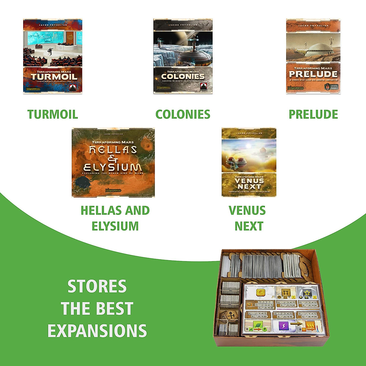TowerRex Board Game Organizer for Terraforming Mars board game box, Terraforming Mars boardgame expansions, Turmoil, Colonies expansion, Prelude expansion, Hellas and Elysium expansion, Venus Next