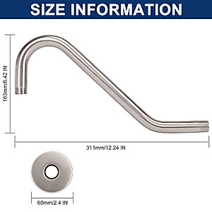 NearMoon J Shaped Shower Head Extension Arm, Stainless Steel Shower Head Height Extender with Flange, Riser Pipe Design for Cozy Shower Experience, Standard 1/2" Connection (12 Inch, Brushed Nickel)