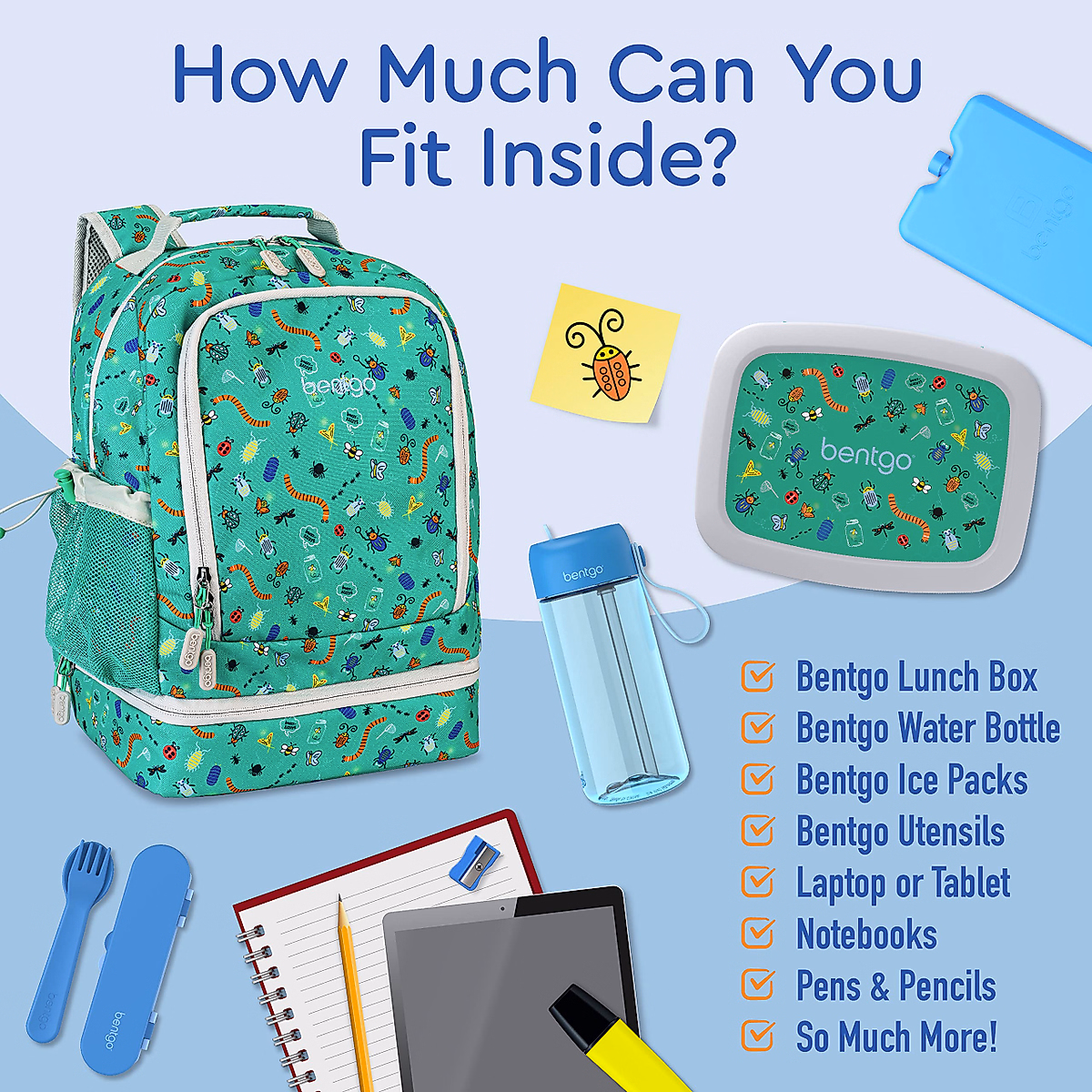 Bentgo Kids 2-in-1 Backpack & Insulated Lunch Bag - Durable 16” Backpack & Lunch Container in Unique Prints for School & Travel - Water Resistant, Padded & Large Compartments (Bug Buddies)