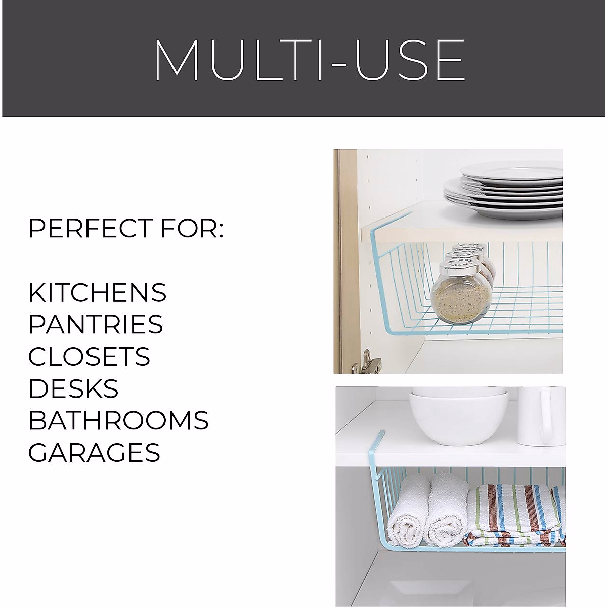 Smart Design Undershelf Storage Basket - Medium - Snug Fit Arms - Steel Metal Frame - Rust Resistant - Cabinet, Pantry, and Shelf Organization - 16 x 5.5 Inch - Light Blue