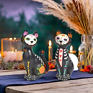 Newman House Studio Sugar-Skull Halloween-Decorations - Day-of Dead-Figurines Floral Cats Couple-Decor Dia de Los Muertos Black Kitten Collectibles Set of 2, 6.3L x 4.0W x 10.2H inch