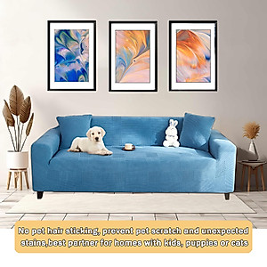 TongBF Stretch Fabric Sofa Cover Corner Cover for 1/2/3/4 Seater, Chair, Recliner, Sectional Sofa with Pillowcase As A Gift (Jacquard-Blue, 4 Seater)