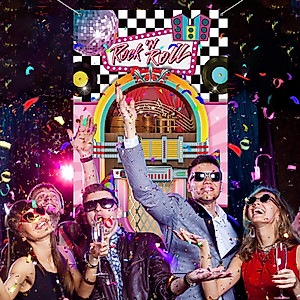 Nuenen 50's Sock Hop Party Decorations Banner Jukebox Party Decor Backdrop Cloth Juke Box Cutout Rock 'n Roll Door Cover for 1950's Theme Birthday Party Supplies, 71 x 35.4