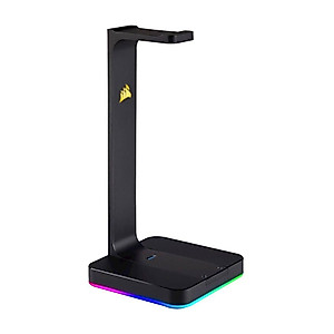 Corsair ST100 RGB Premium Headphones/Headset Stand (Durable Aluminium Construction, Dynamic 9 Zone RGB Lighting, Built-in 3.5 mm Analog Input with Virtual 7.1 Surround, Dual USB, Black