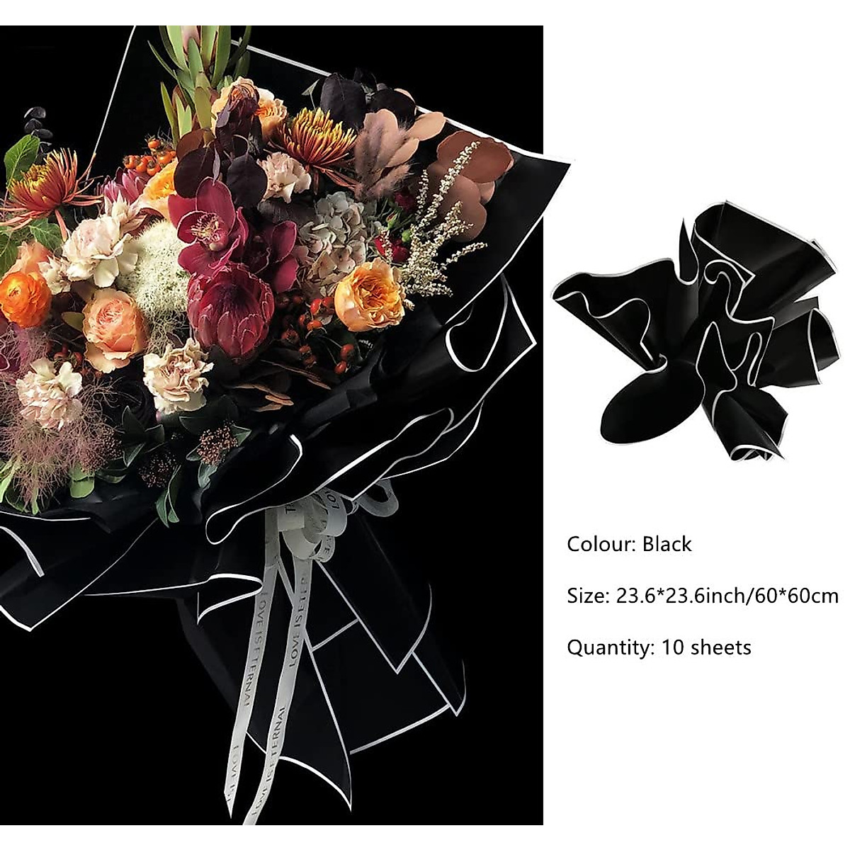 20 Sheets black and white aristocratic border Flower Wrapping Paper Waterproof Thicken Florist Bouquet Packaging Paper Gift or Gift Box Packaging Paper 23.6 x 23.6 inch(Dark Black + Porcelain White)