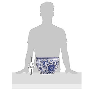 Oriental Furniture 12" Floral Blue & White Porcelain Fishbowl