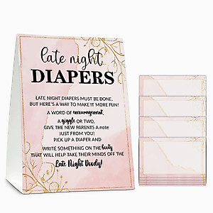 Late Night Diapers Sign, Watercolor Pink Note Cards Diaper Thoughts, Late Night Diaper Baby Shower Game Set(1 Standing Sign + 20 Blank Greeting Cards), Gold Foil Baby Shower Party Favor Decor - A02
